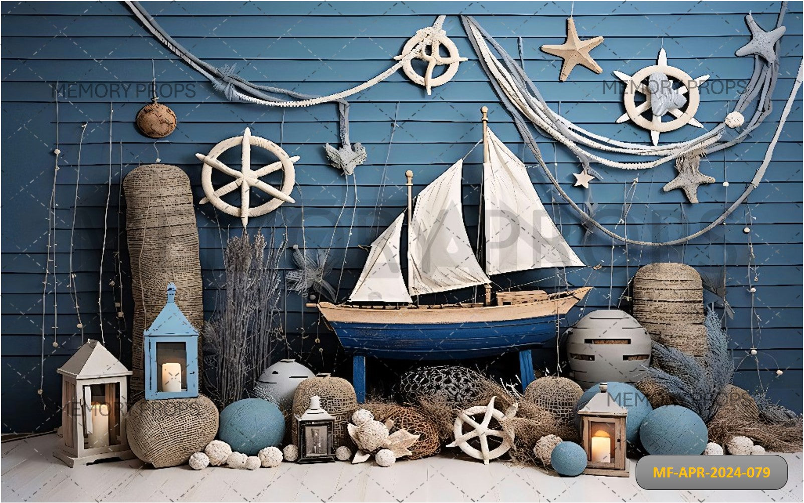 Blue Wooden Wall Nautical Printed Backdrop
