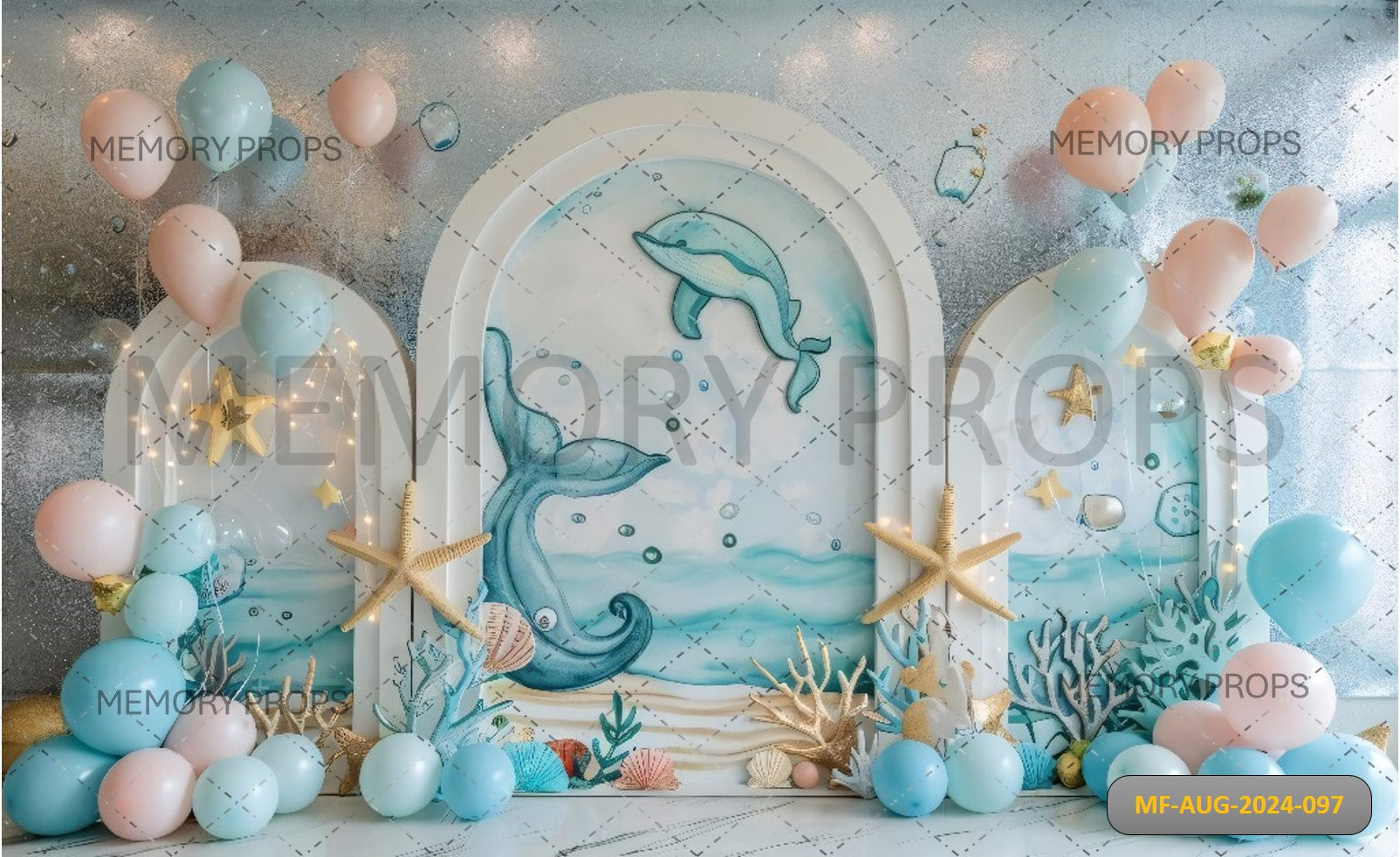 Balloons Dolphin Arch Ocean Printed Backdrop