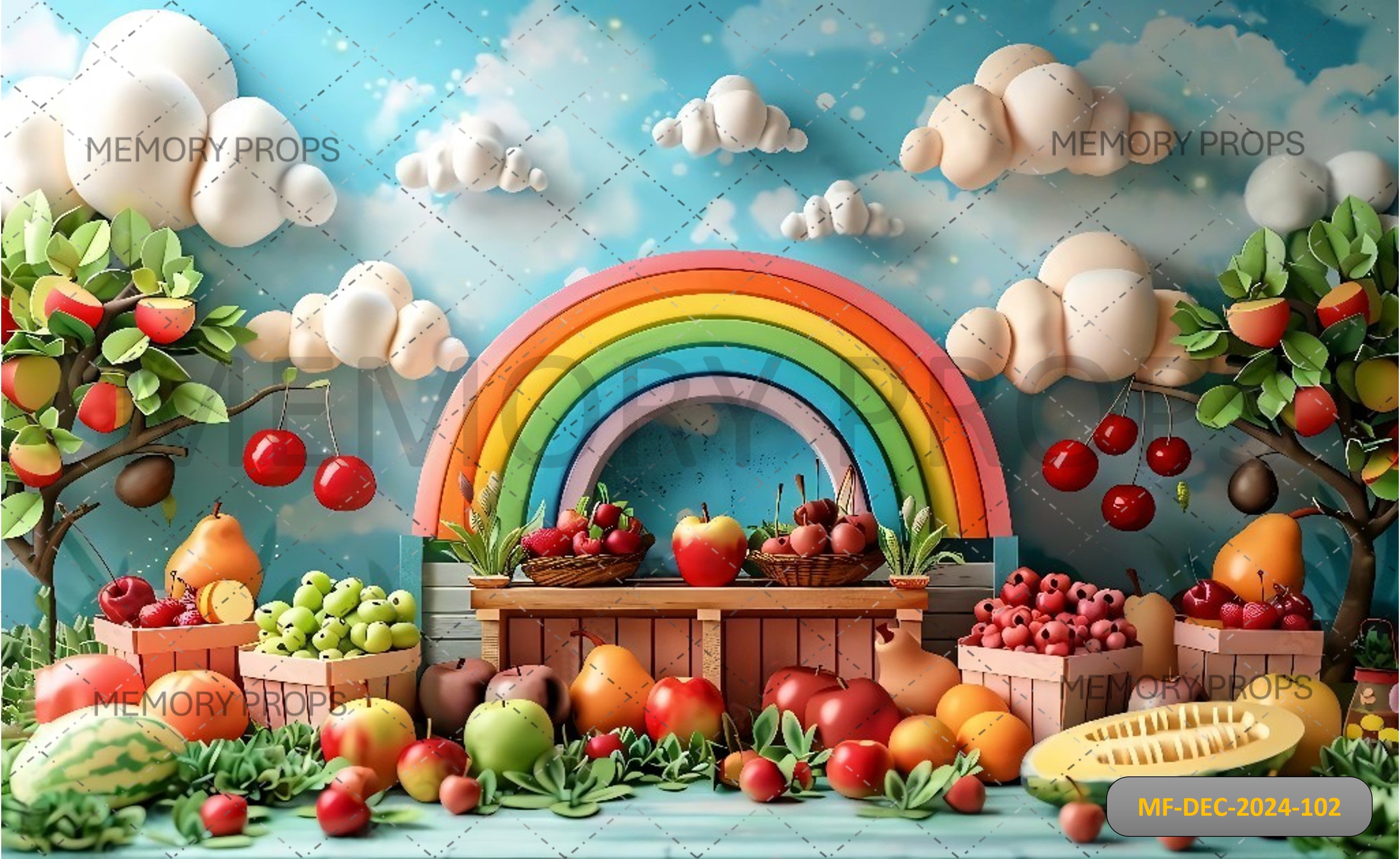 Rainbow Rain with Fruits Printed Backdrop
