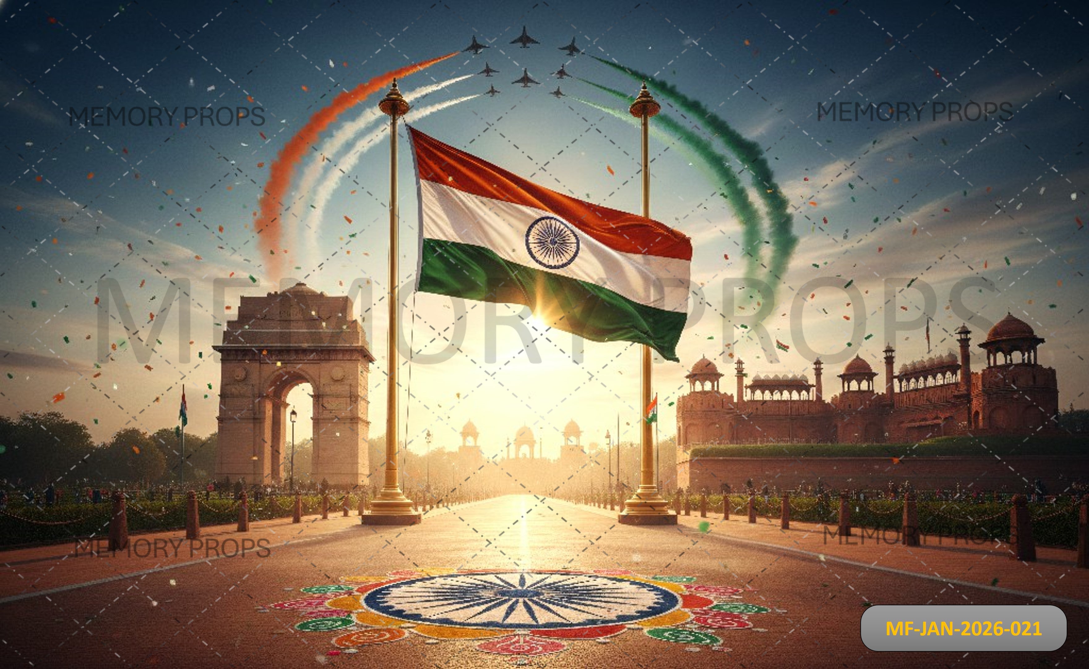 Patriotic Indian Monuments With Tricolor Jet Trails Printed Backdrop