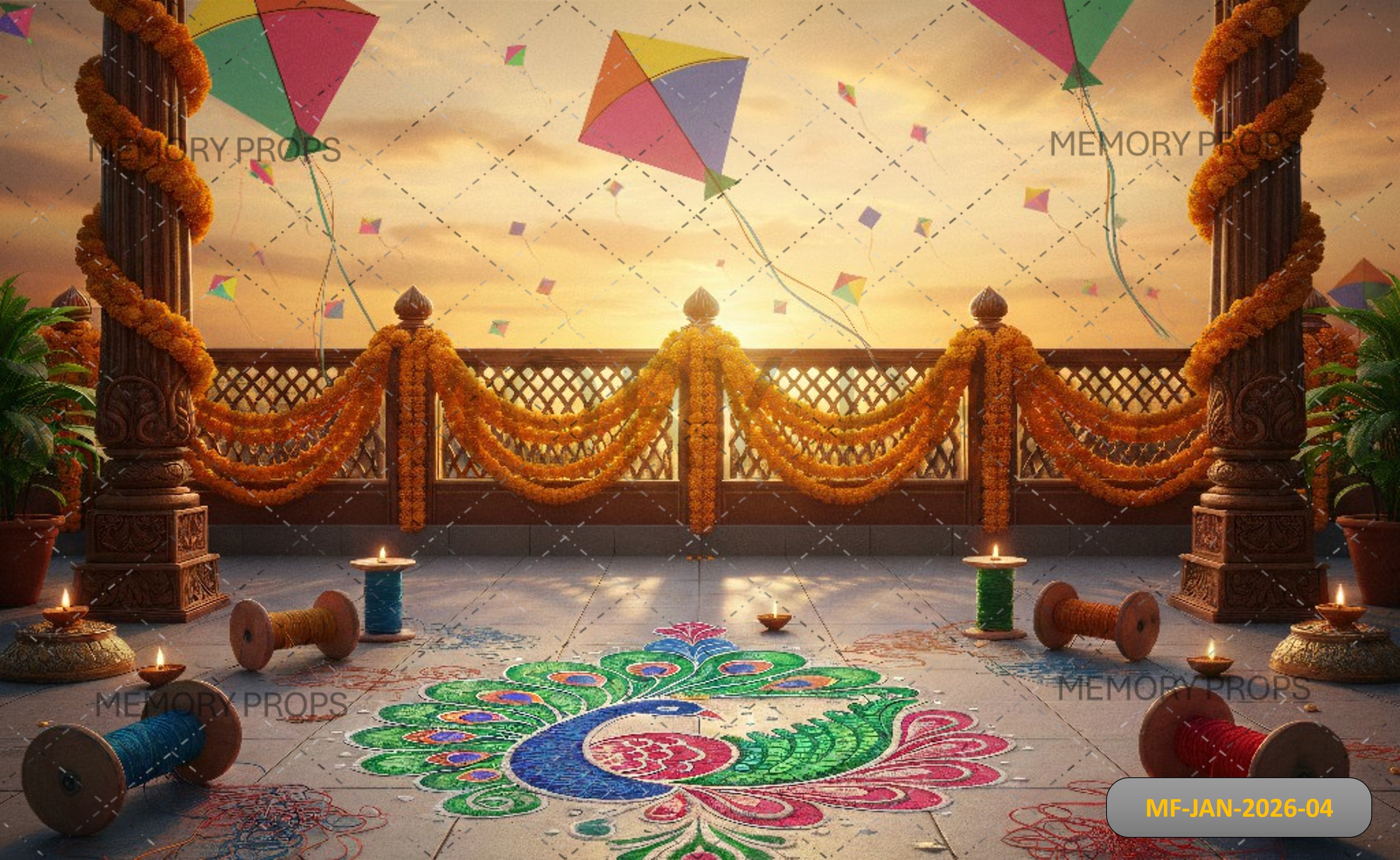 Festive Terrace With Peacock Rangoli Printed Backdrop