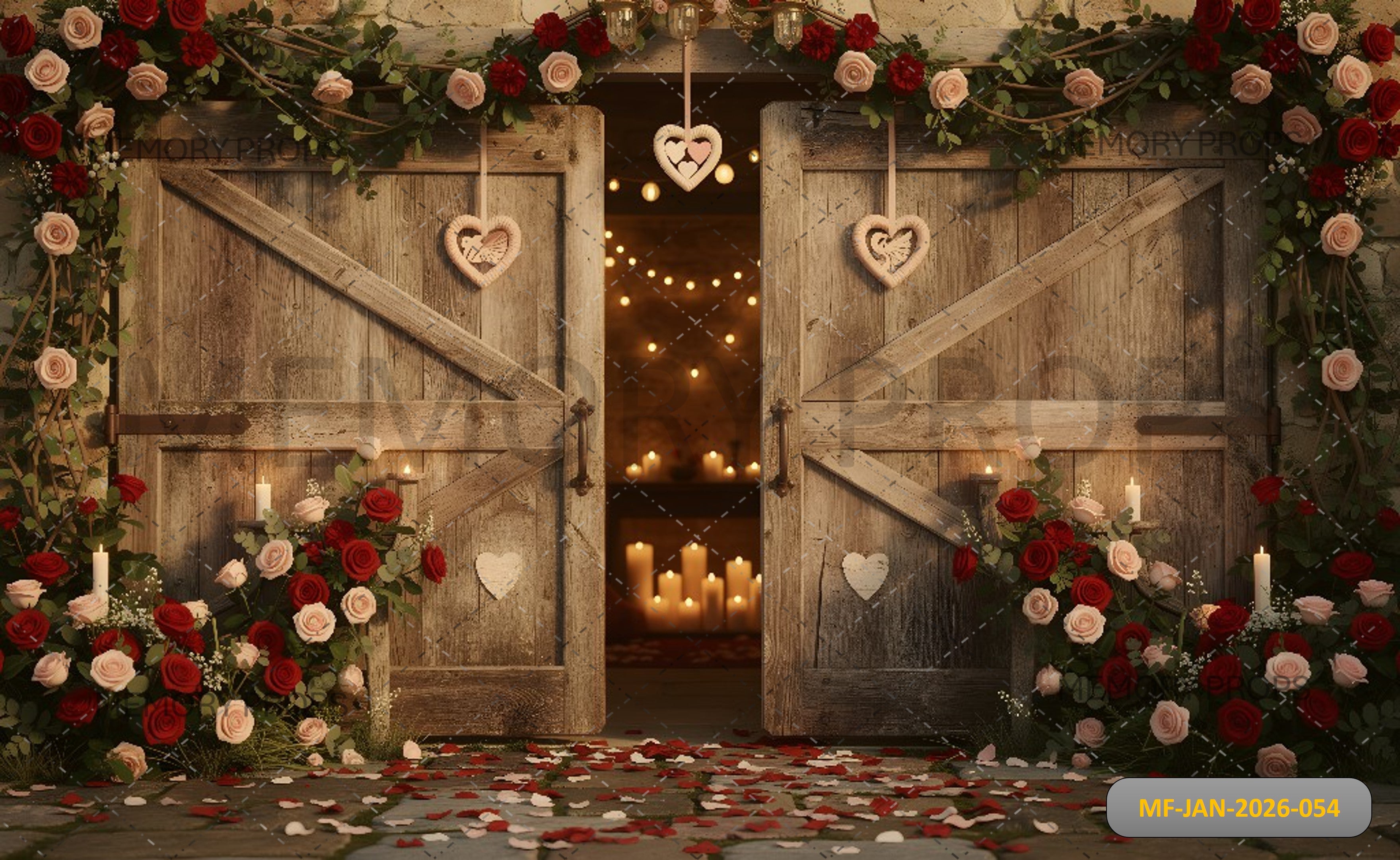 Romantic Vintage Barn Doors with Red Roses, Candlelight, and Hanging ...