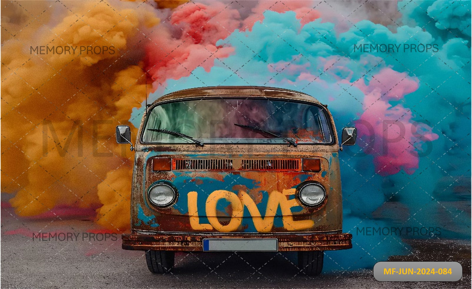 Colorful Smoke Broken Van Printed Backdrop