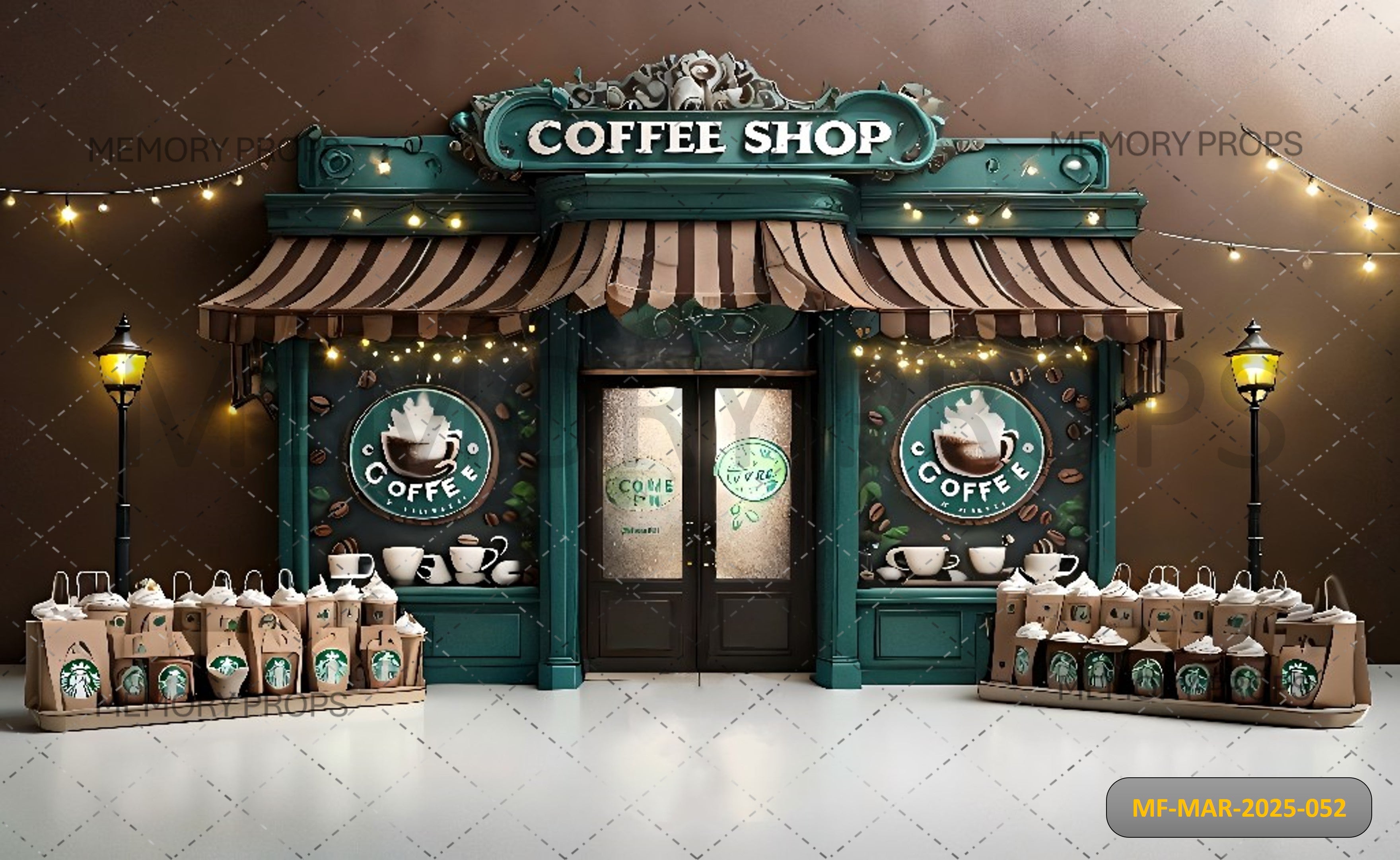 Vintage Coffee Shop Façade Printed Backdrop