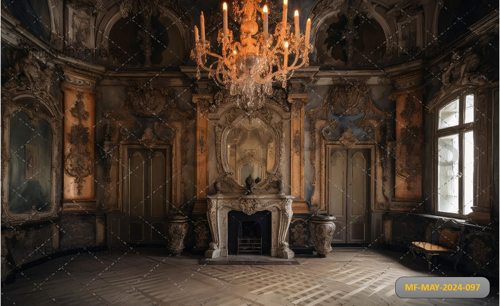 Majestic Vintage Grand Hall with Ornate Chandelier Printed backdrop