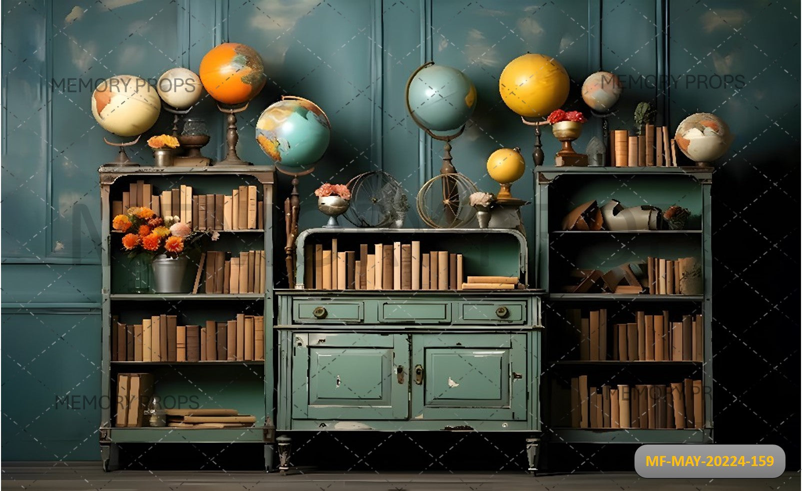 Vintage World Map Bookcase Printed Backdrop