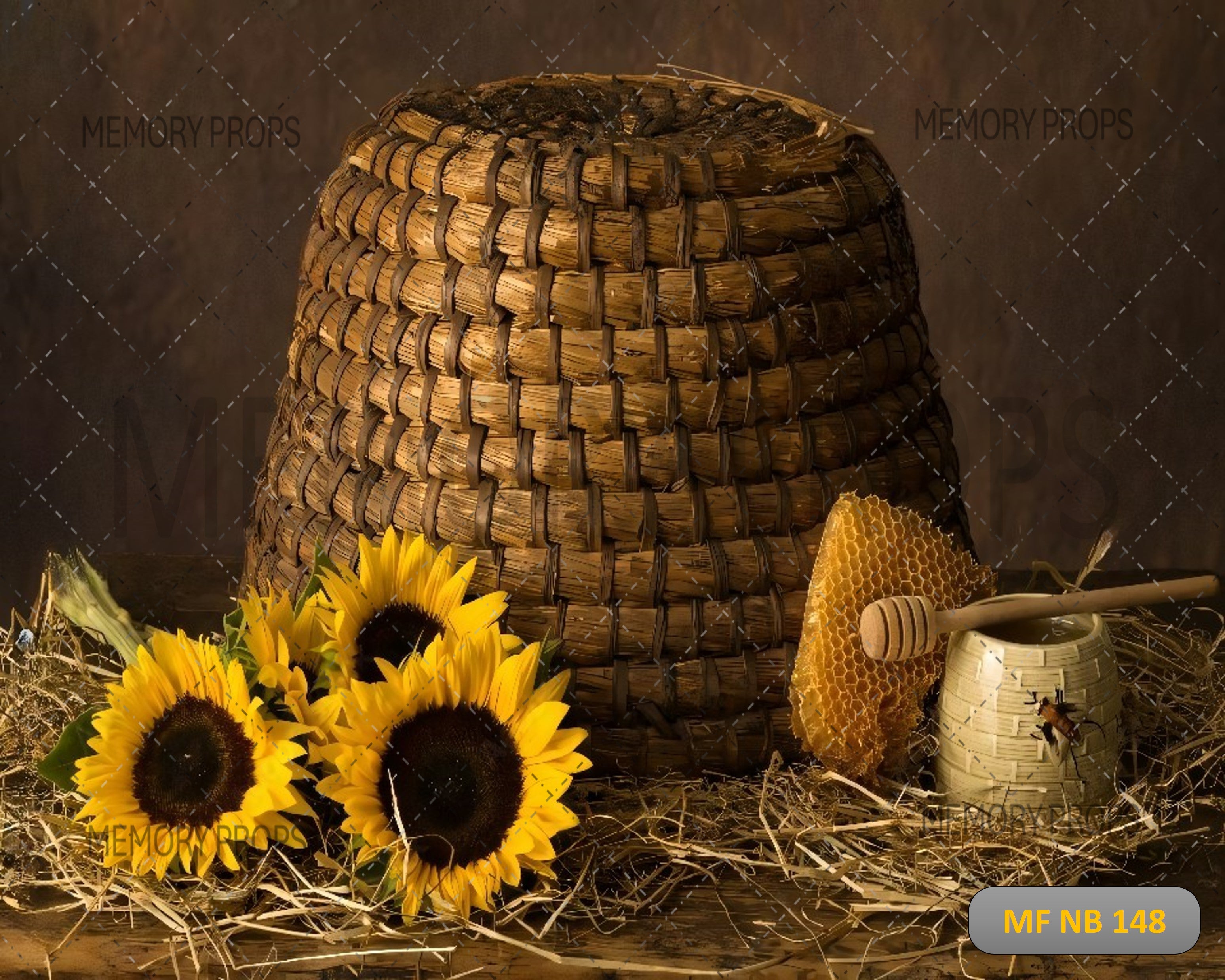 Vintage Old Beehive Basket Sunflower - Printed Backdrop