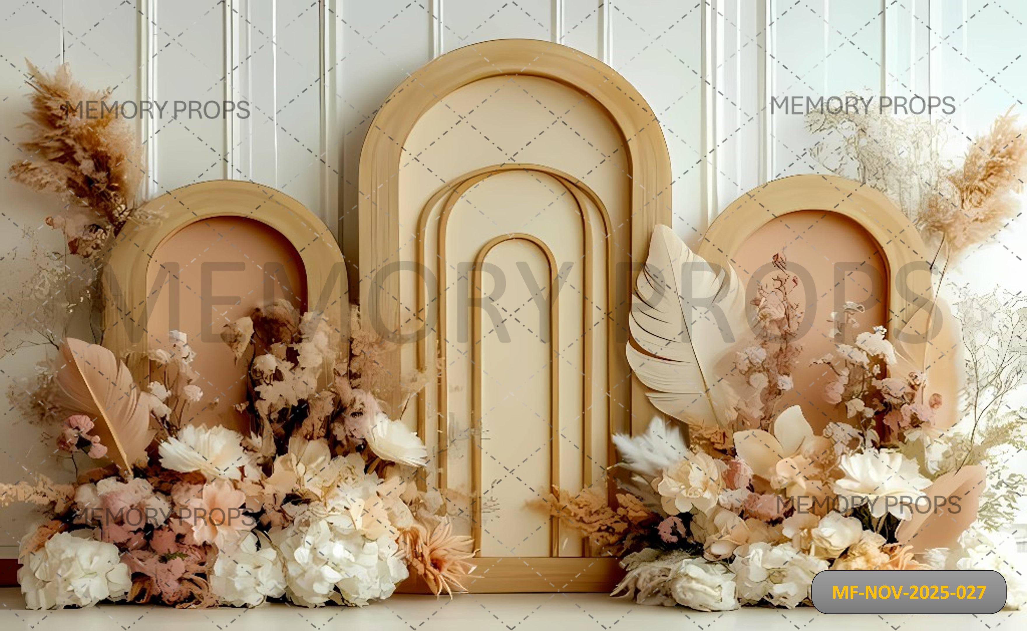 Boho Neutral Arches And Pampas Grass Printed Backdrop