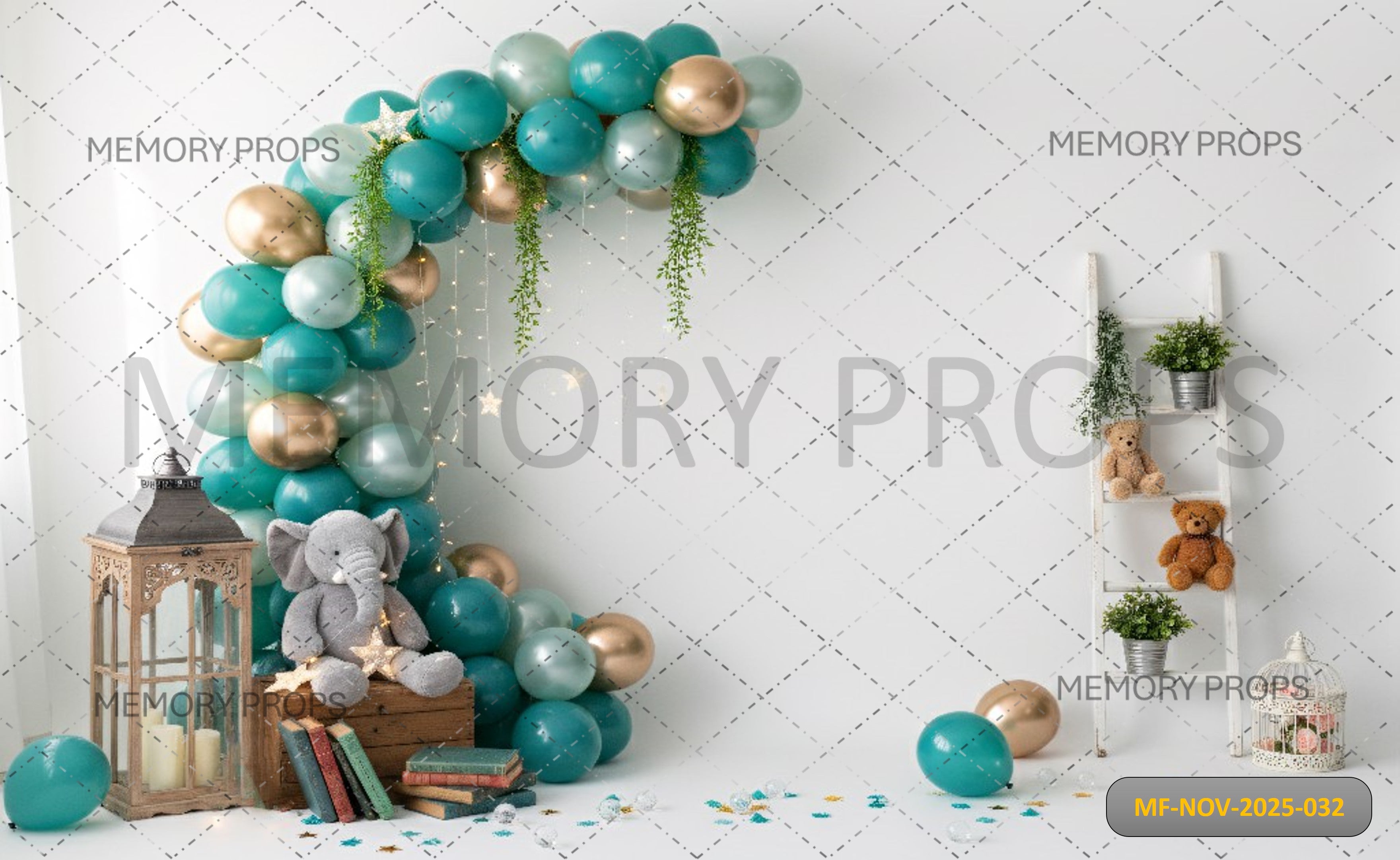 Teal And Gold Elephant Balloon Arch Printed Backdrop