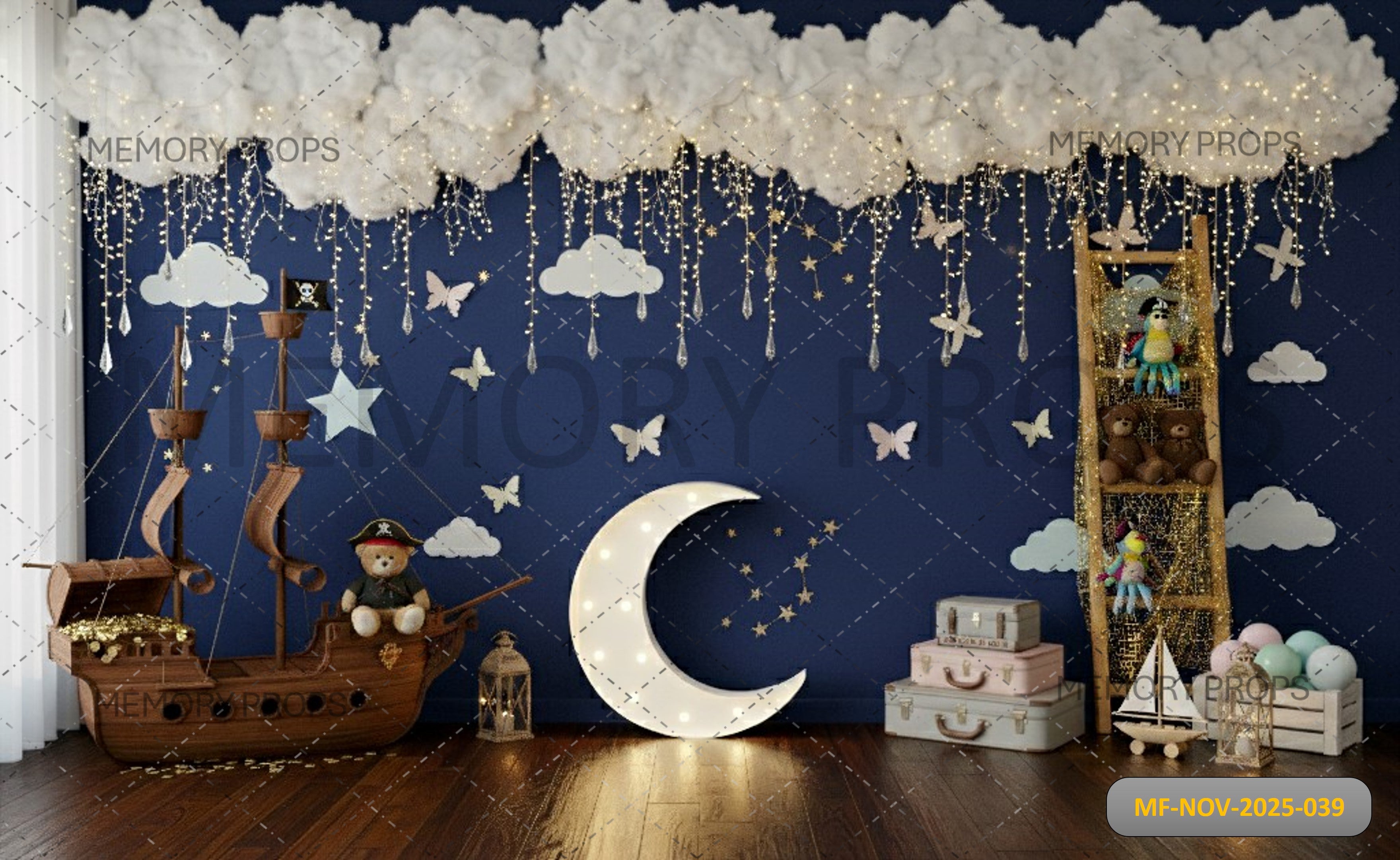 Navy Blue Ship And Star Night Printed Backdrop