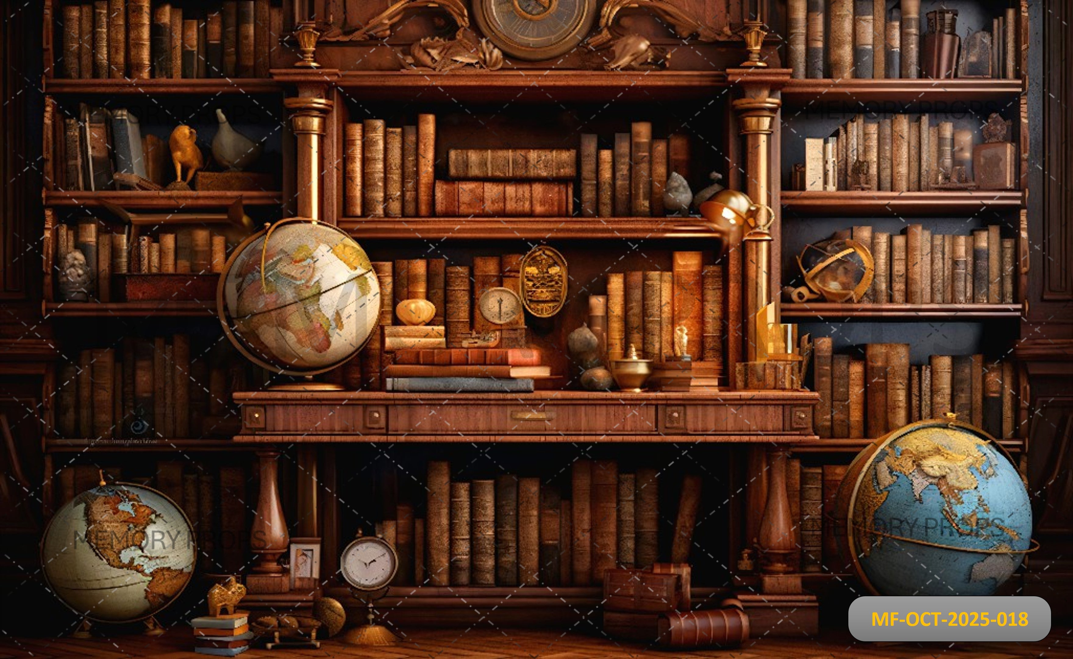Vintage Wood Library Bookshelf Printed Backdrop
