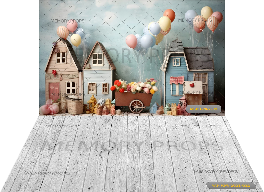 Houses With Balloons And House With Sky White Wooden Backdrops