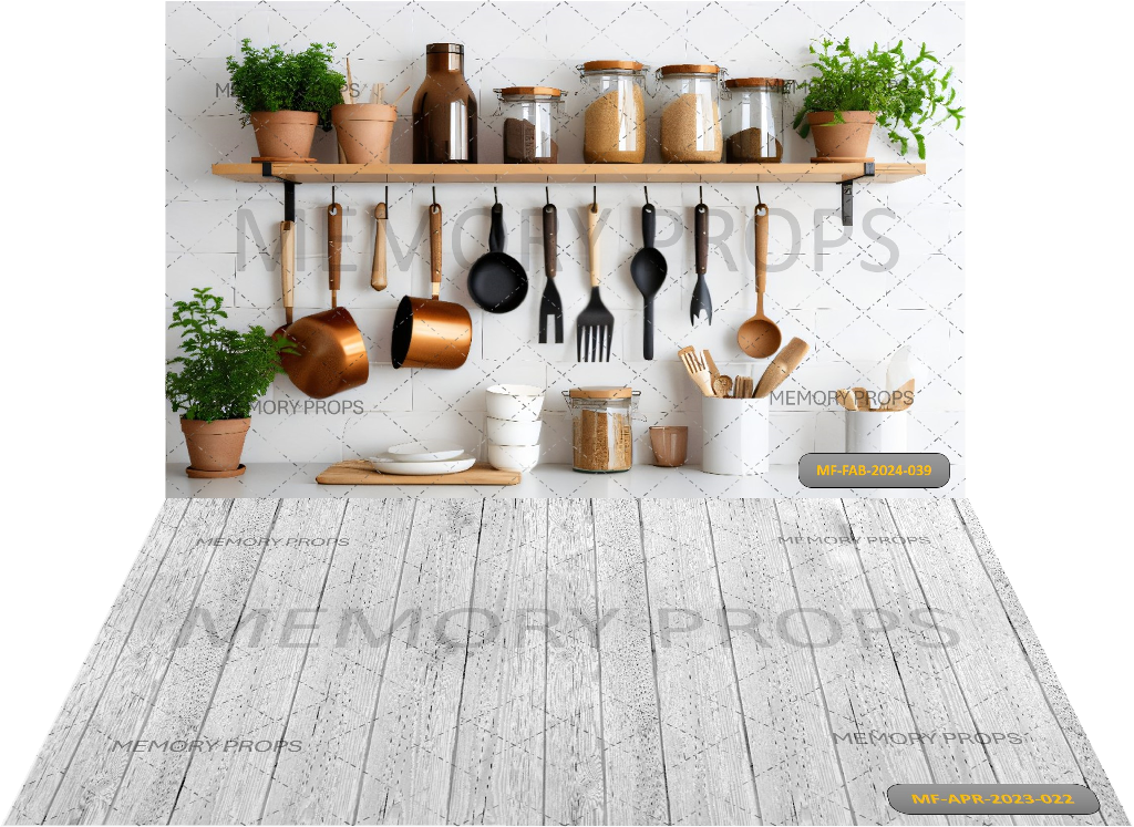 Kitchen Utensils On Shelf In Modern Kitchen White Wooden Flooring Backdrops