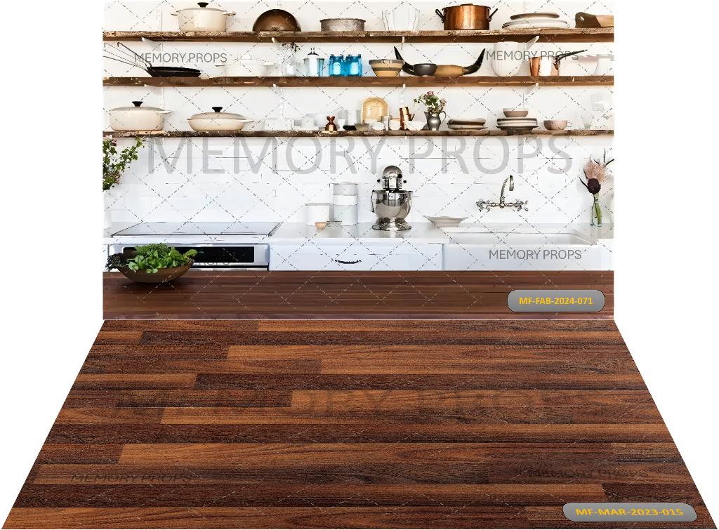 Rustic Kitchen Shelves + Brown Wooden Flooring Backdrops